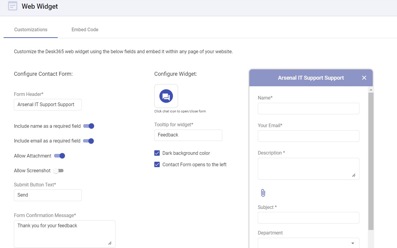 Creating a ticket via Web Forms/Web Widgets | Desk365