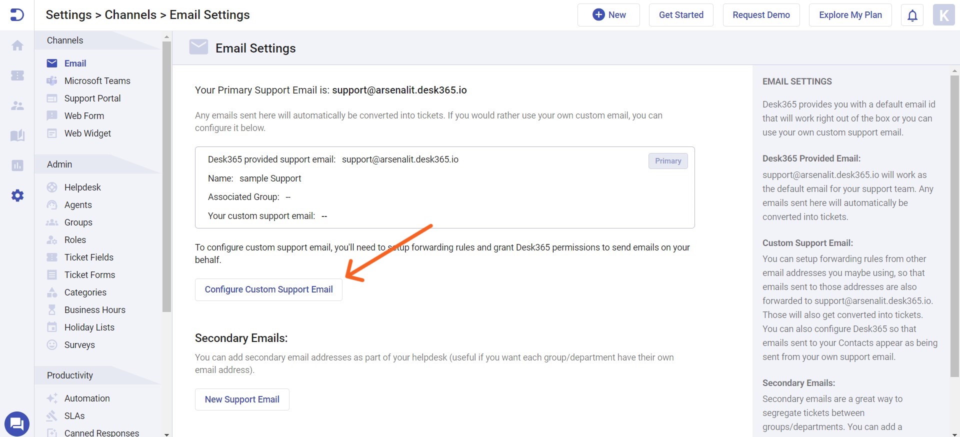 Configure custom support emails in Desk365 | Desk365