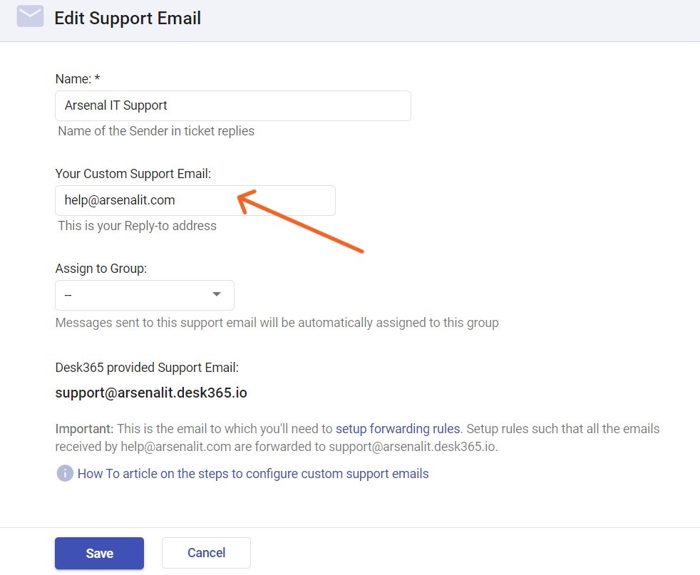 Configure custom support emails in Desk365 | Desk365