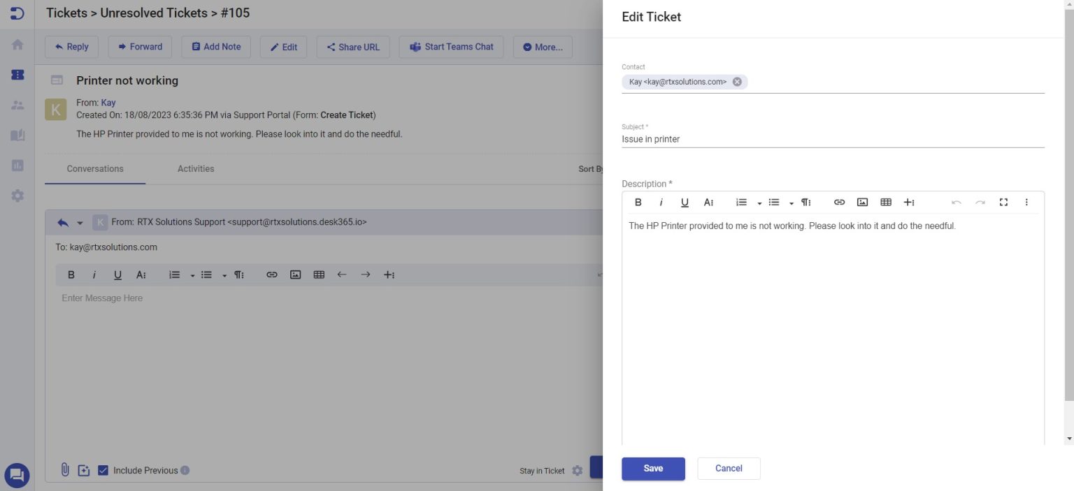 Essential functions and actions in Tickets Details Page | Desk365