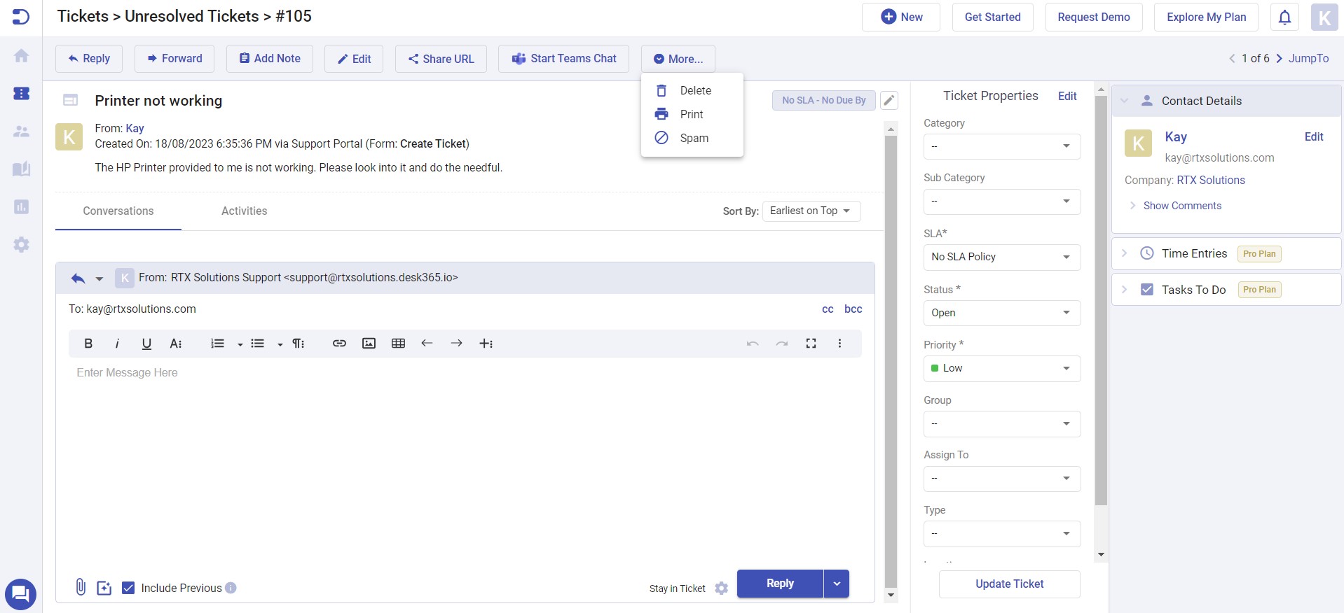 Essential functions and actions in Tickets Details Page | Desk365
