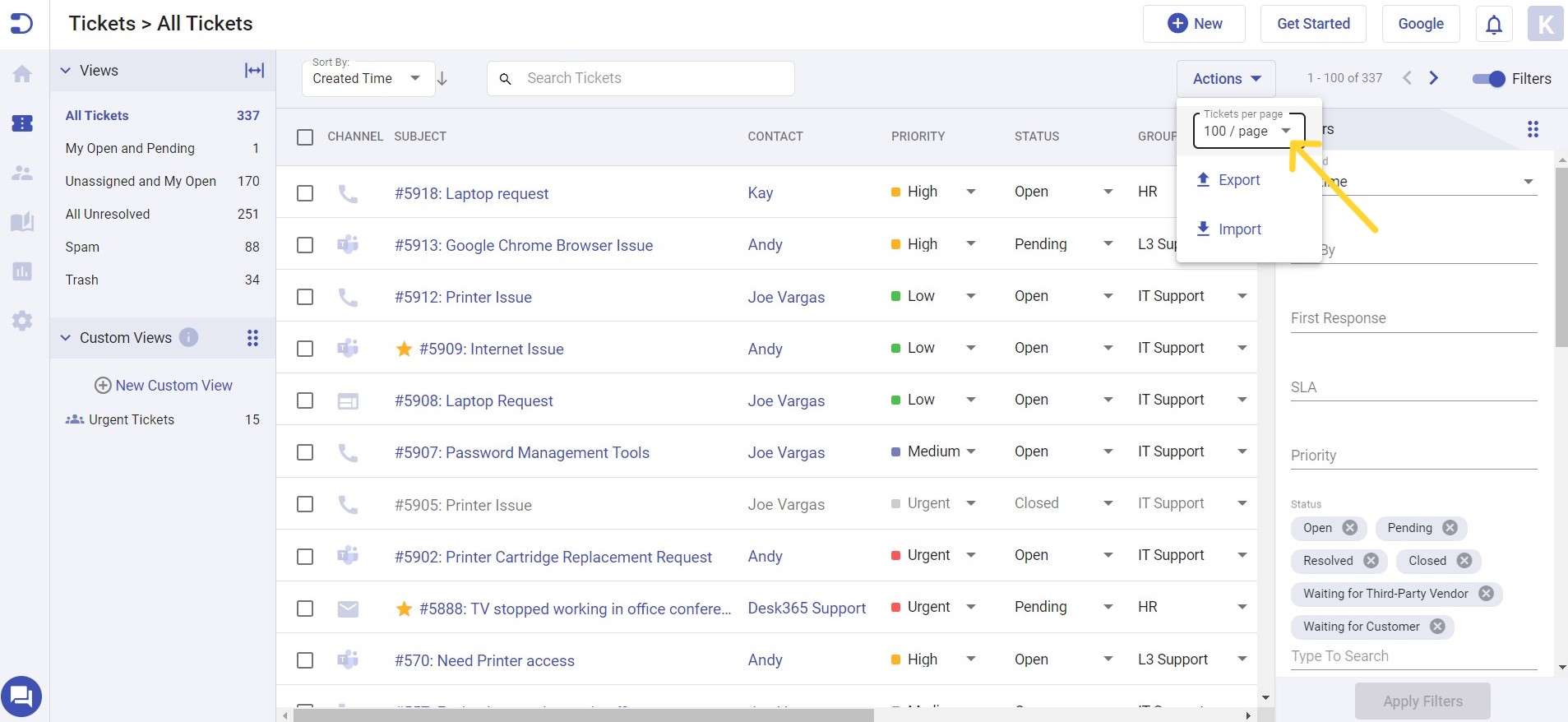 Essential functions and actions in Tickets List Page | Desk365