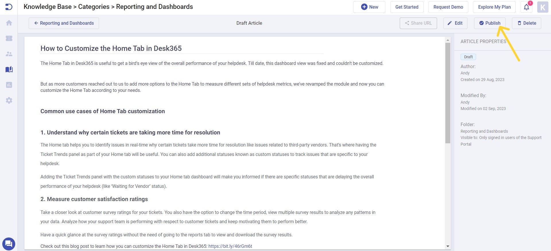 Setting up knowledge base articles in Desk365 | Desk365