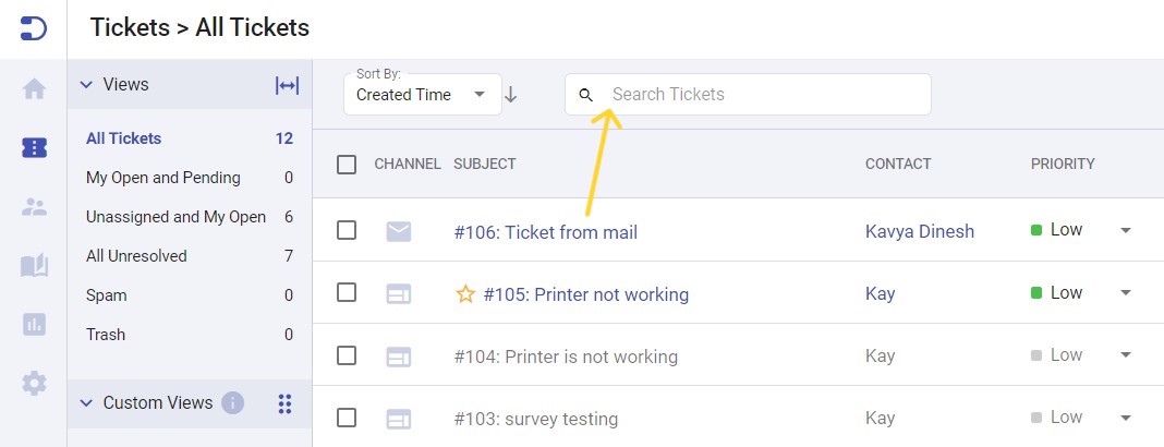 Essential functions and actions in Tickets List Page | Desk365