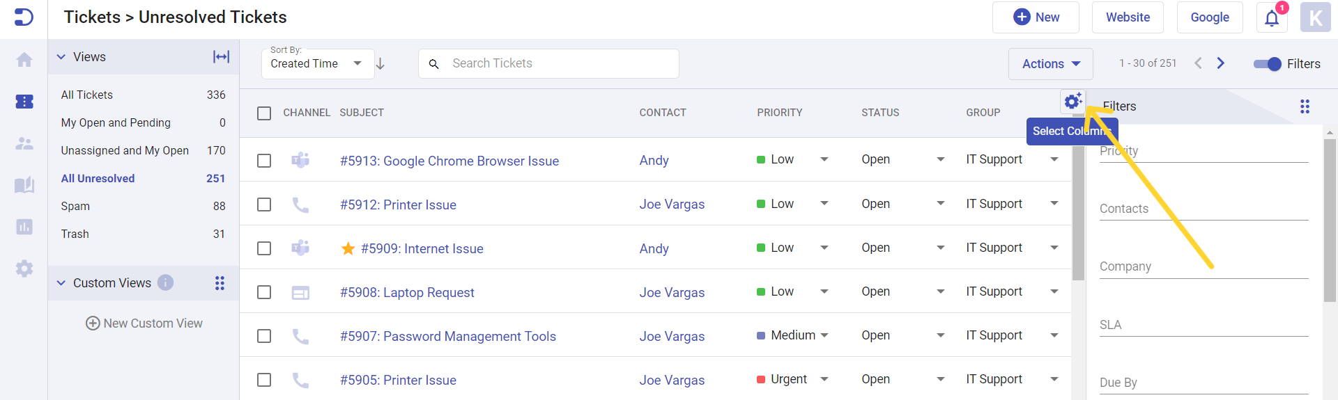 Essential functions and actions in Tickets List Page | Desk365