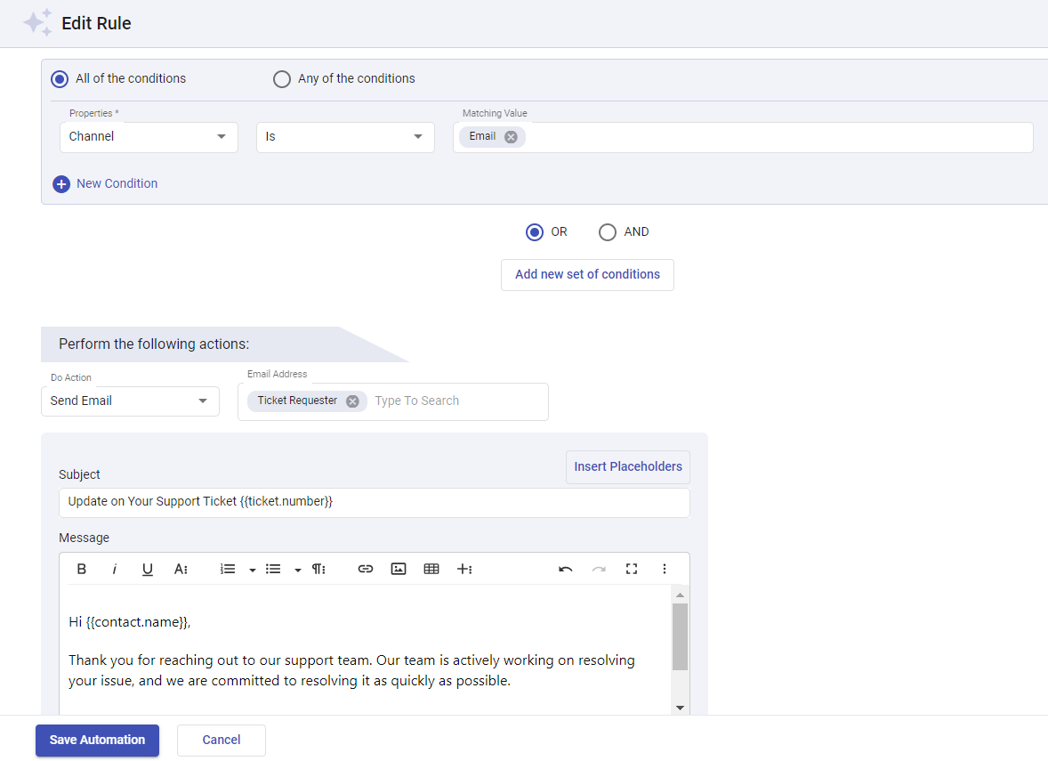 Automation Rule Ticket Requester In Send Email Desk365