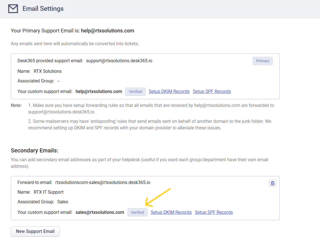 Configure custom support emails in Desk365