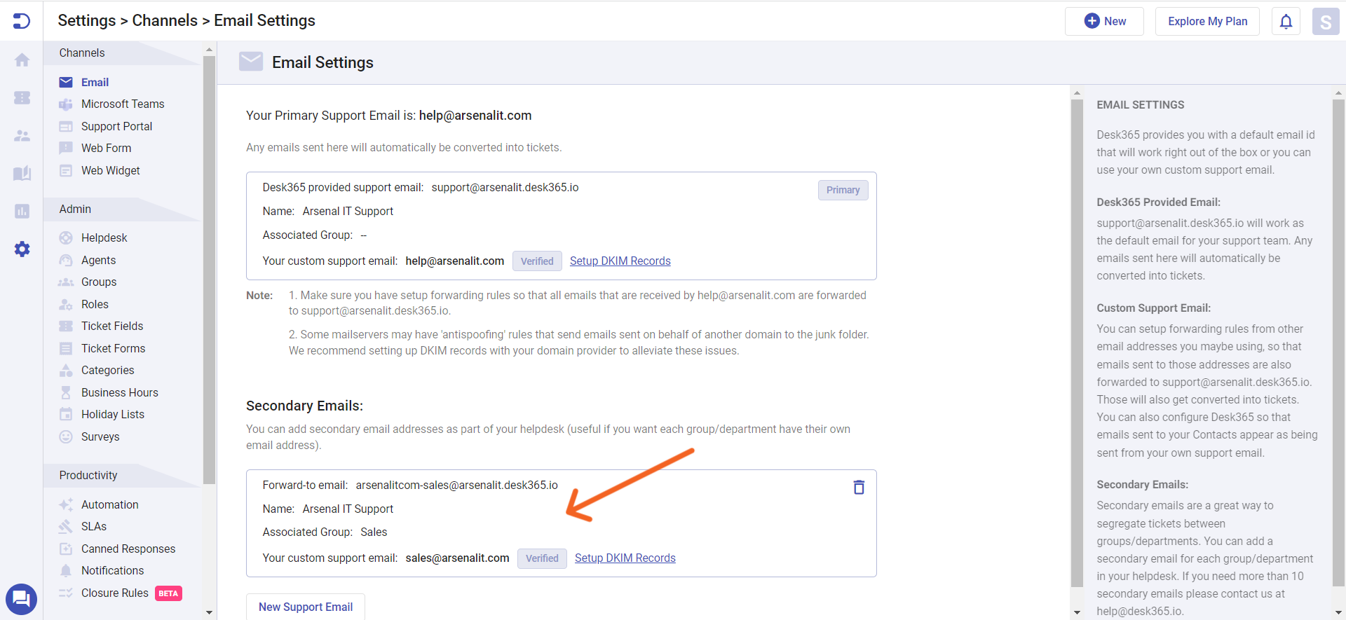 Configure custom support emails in Desk365 | Desk365