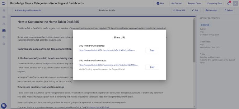 Setting up knowledge base articles in Desk365 | Desk365