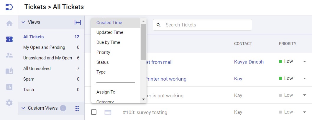 Essential functions and actions in Tickets List Page | Desk365
