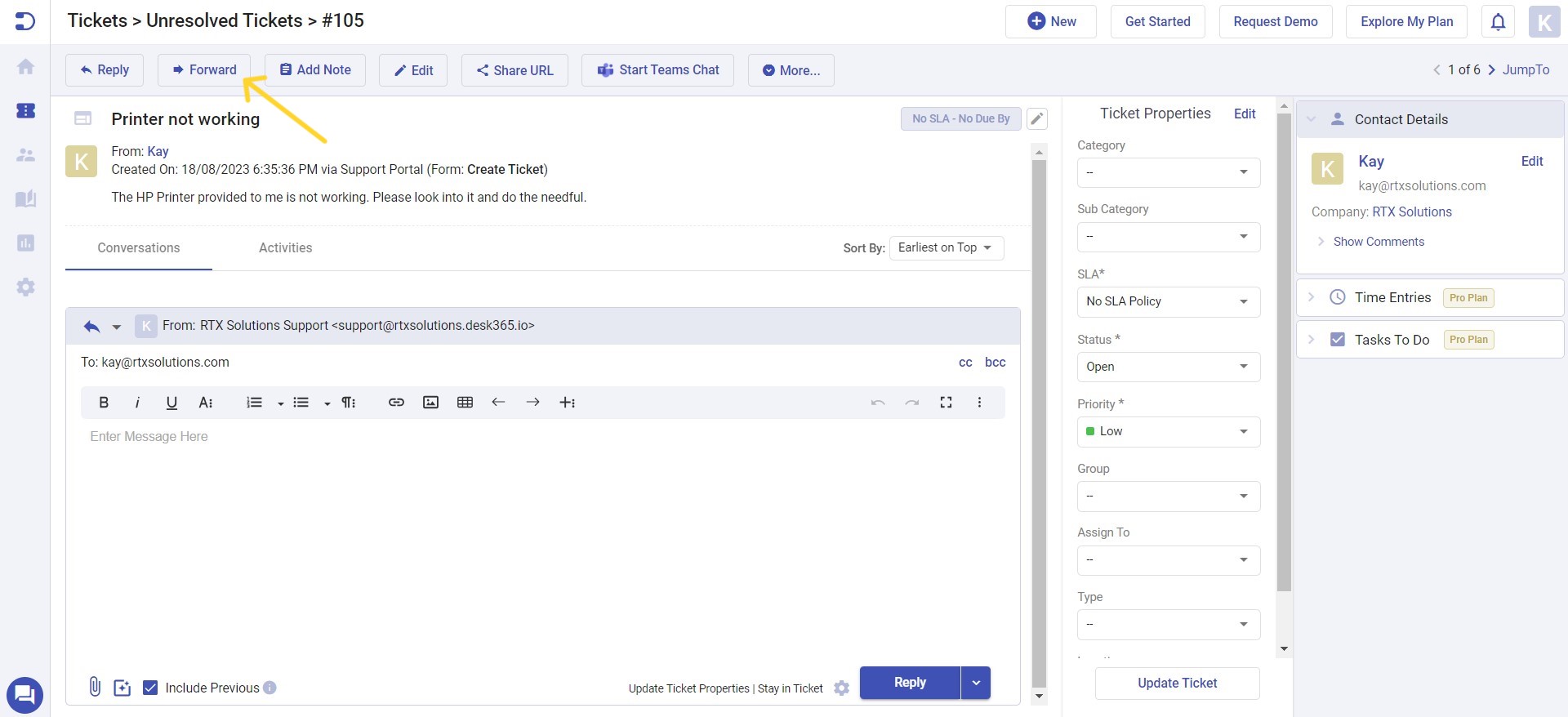 Essential functions and actions in Tickets Details Page | Desk365