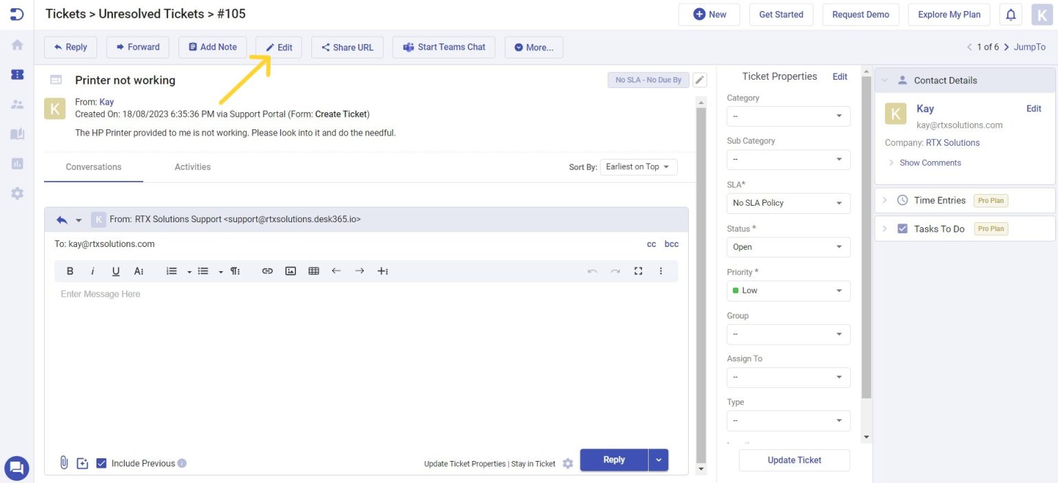 Essential functions and actions in Tickets Details Page | Desk365