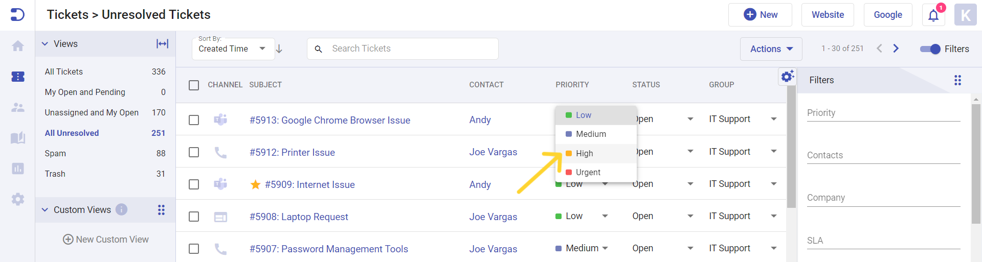 Essential functions and actions in Tickets List Page | Desk365