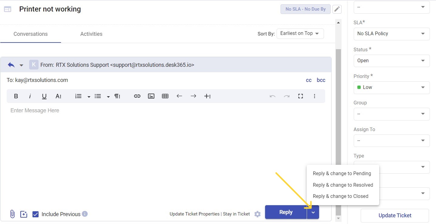 Essential functions and actions in Tickets Details Page | Desk365