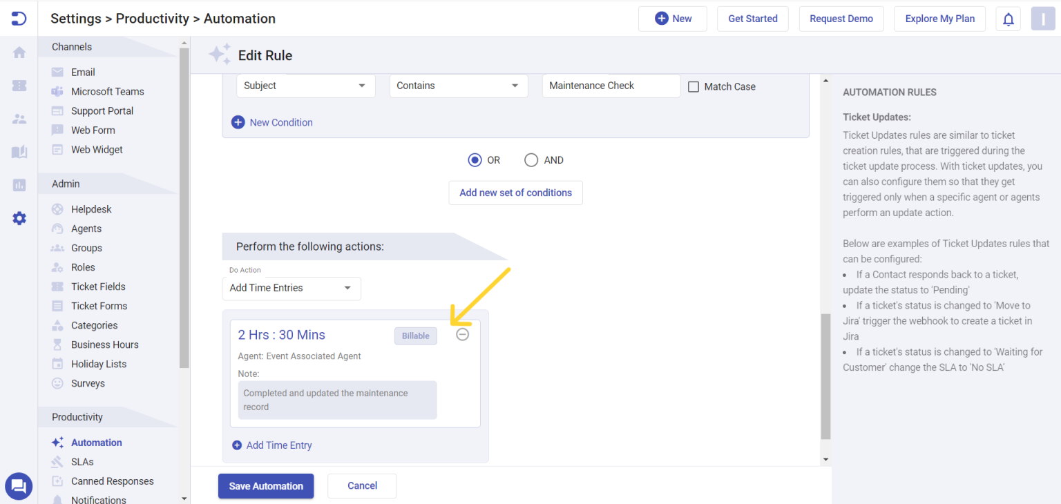Adding "Time Entries" to Tickets Using Automation | Desk365