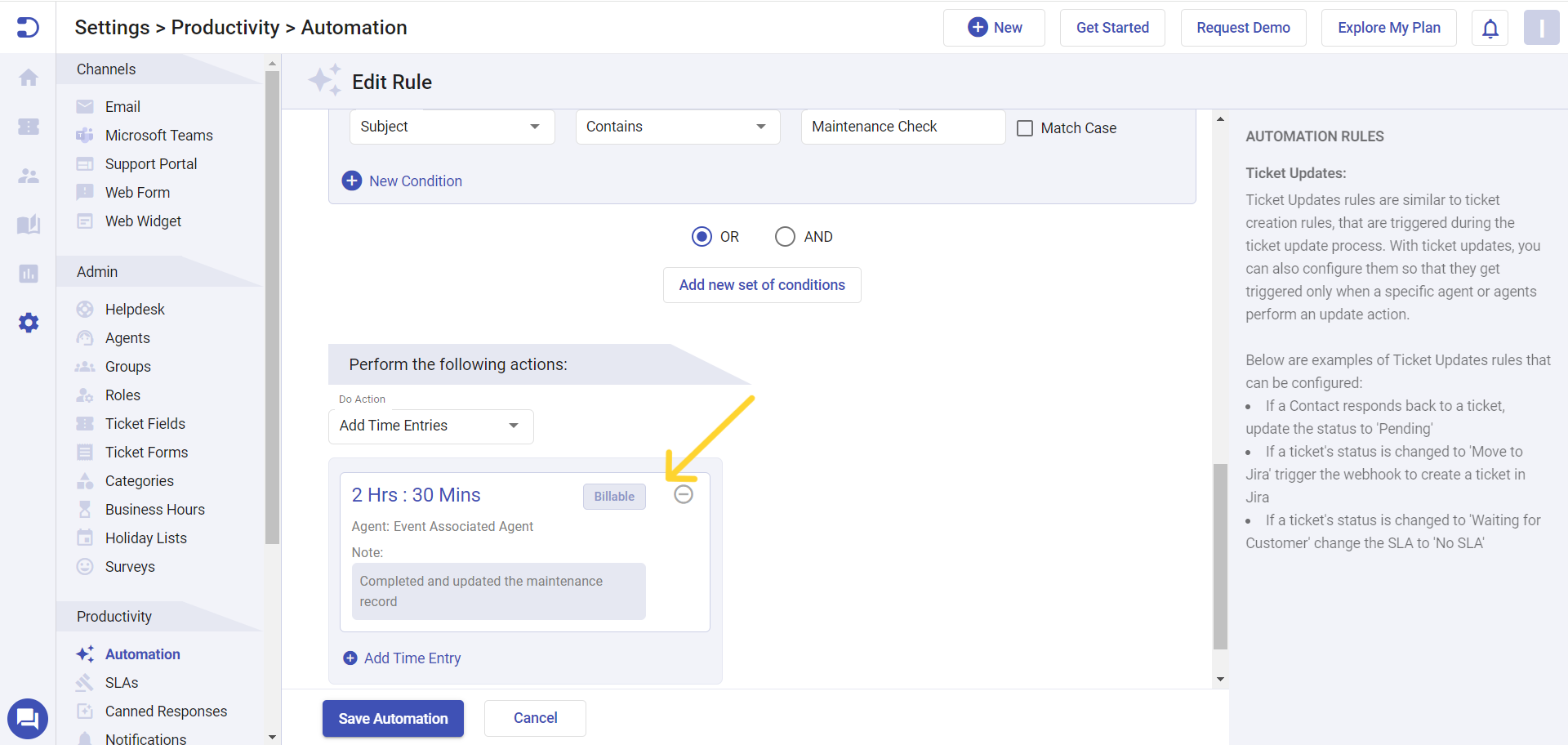 Adding "Time Entries" to Tickets Using Automation | Desk365