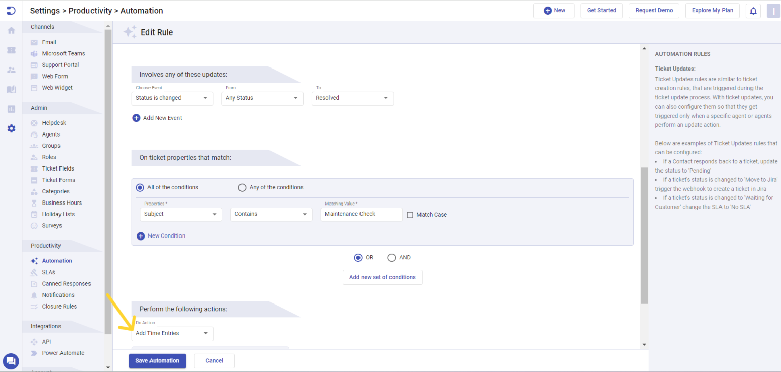 Adding "Time Entries" to Tickets Using Automation | Desk365