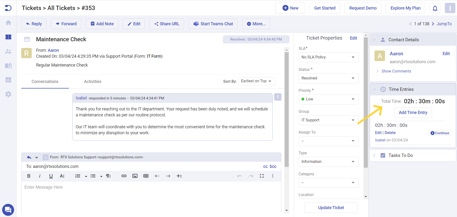 Adding "Time Entries" to Tickets Using Automation | Desk365