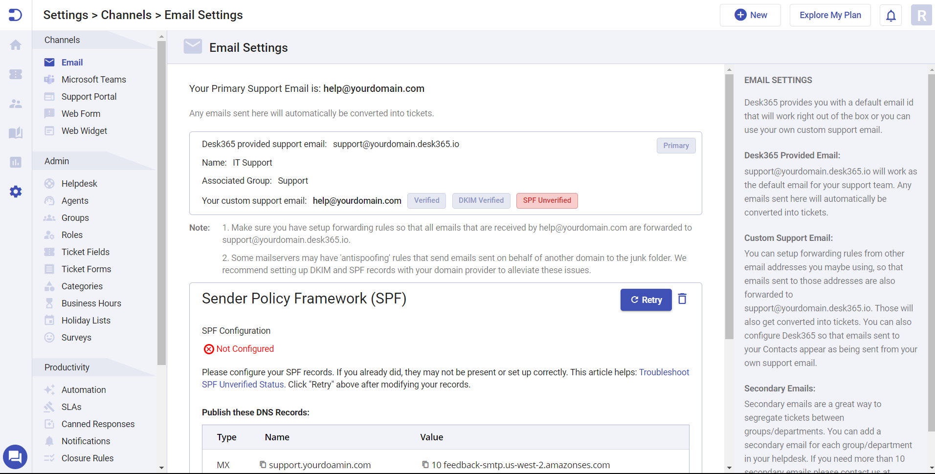 Troubleshoot the SPF Unverified Status - Desk365 Troubleshoot the SPF Unverified Status - Desk365
