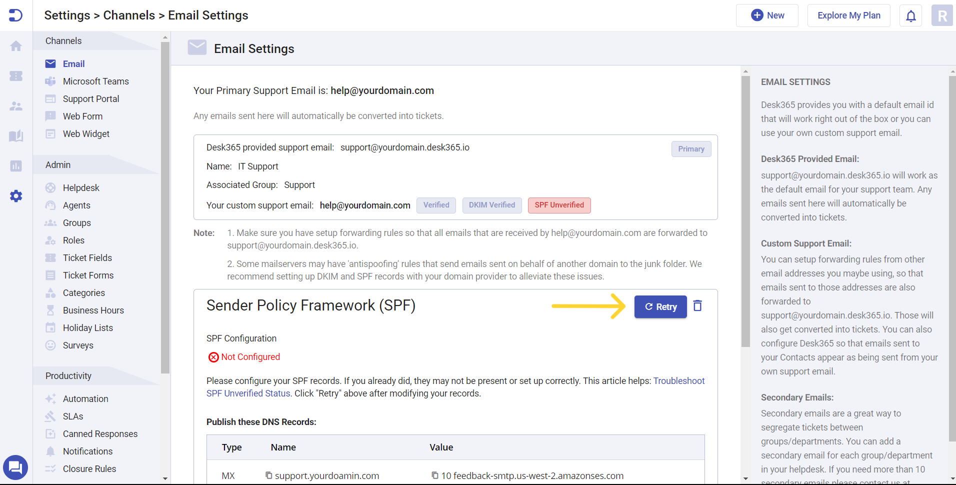 Troubleshoot the SPF Unverified Status - Desk365