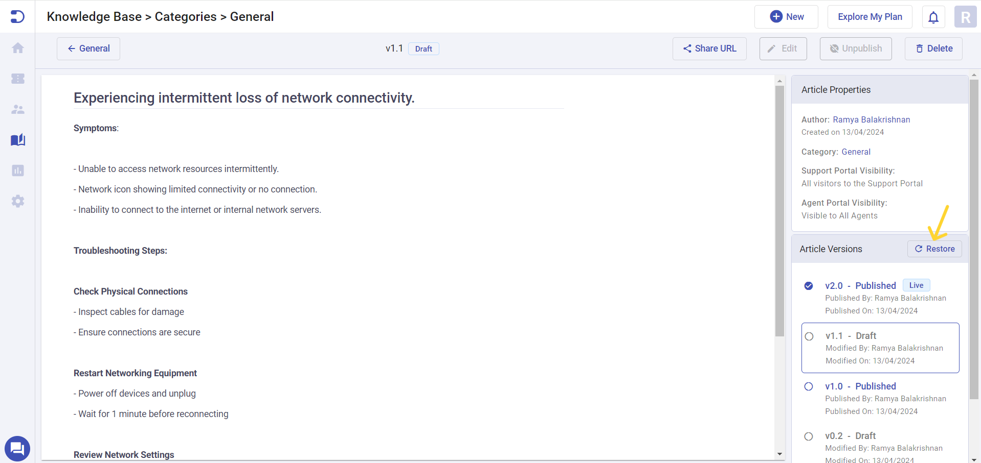 Understanding article versions in knowledge base