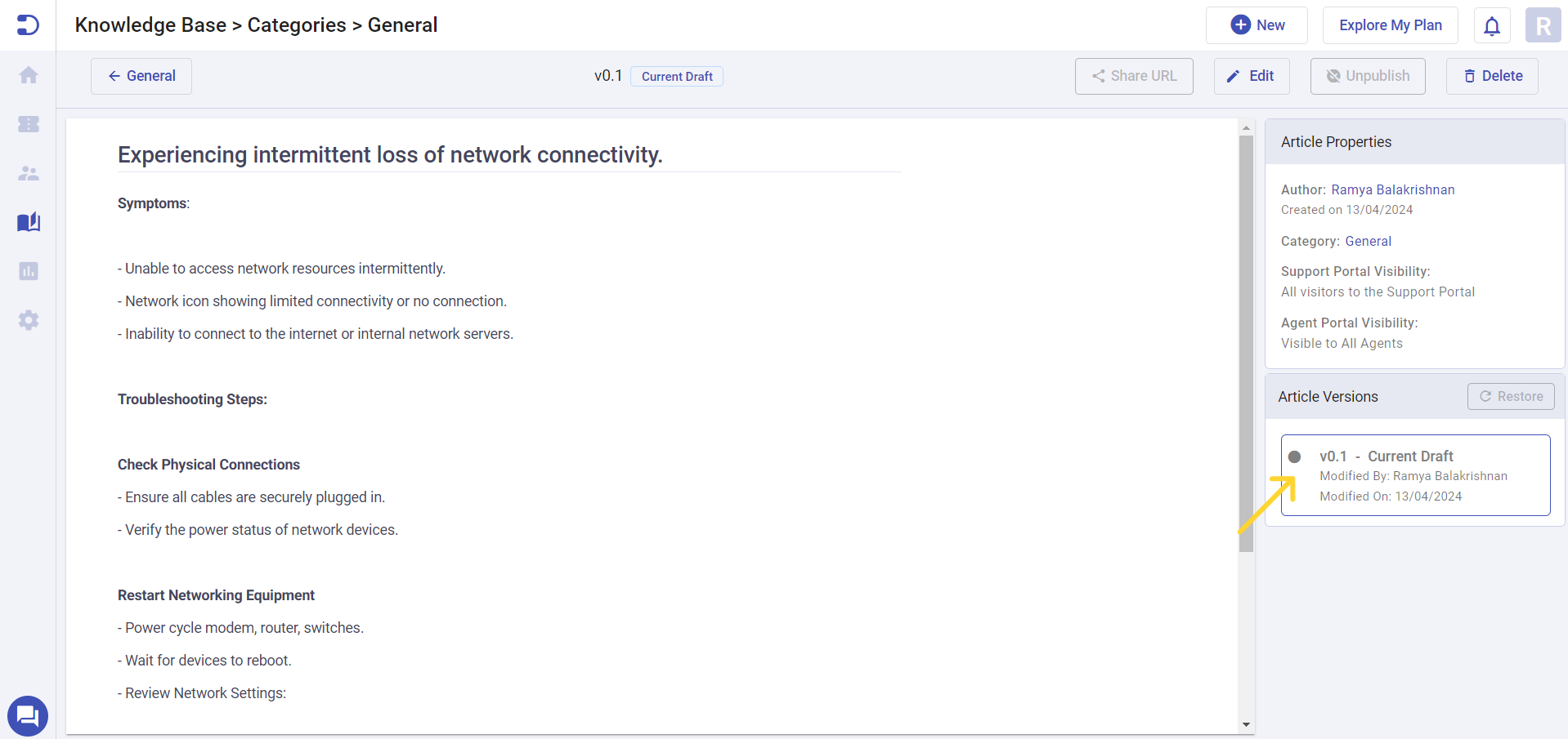 Understanding article versions in knowledge base