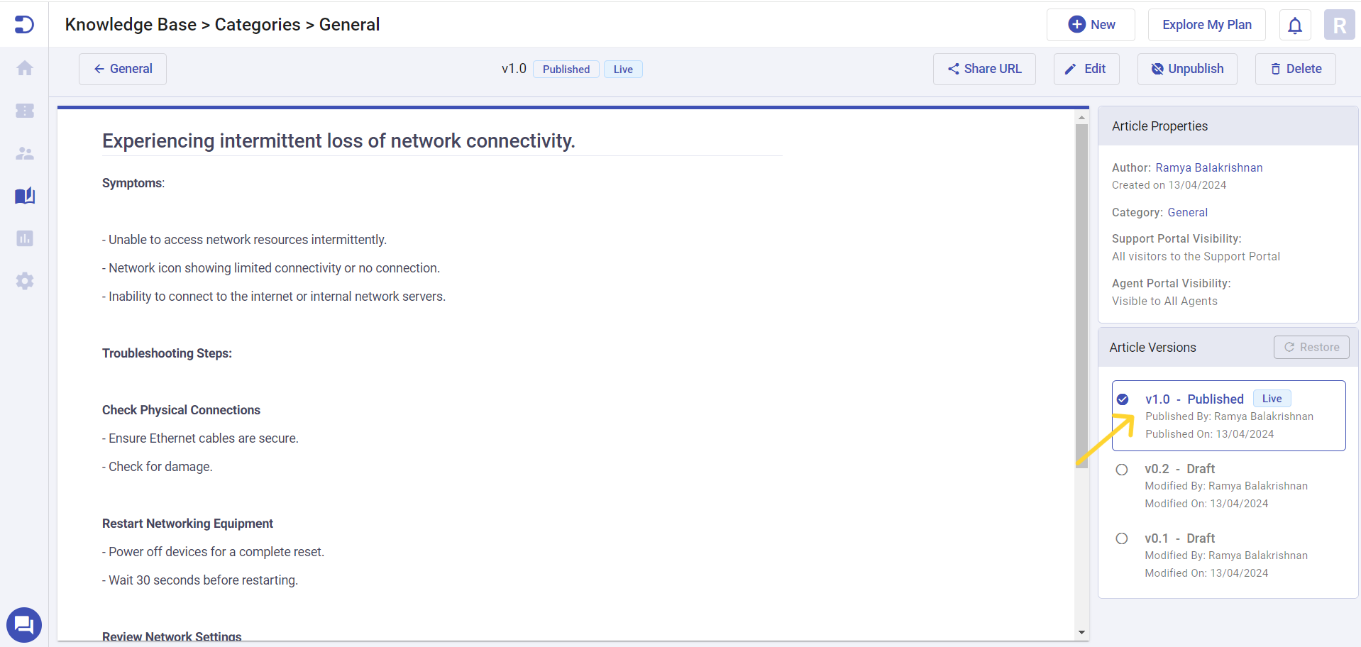 Understanding article versions in knowledge base