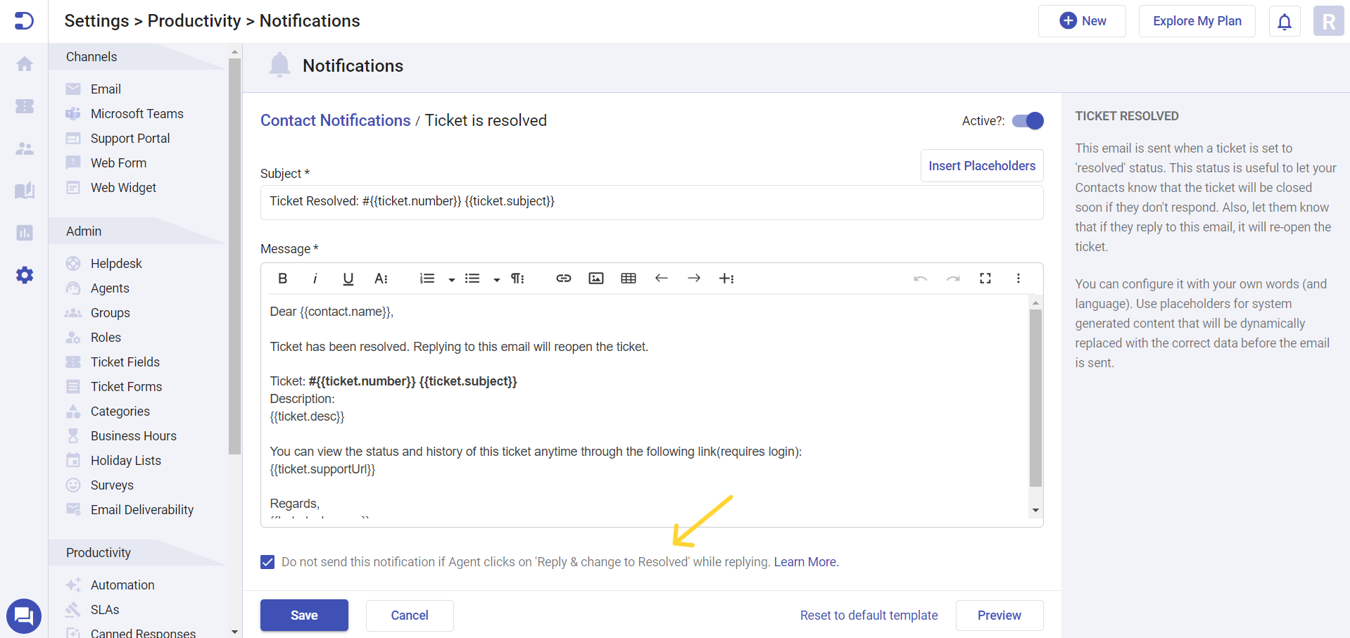 Configuring Single Email Notification for Ticket Resolution