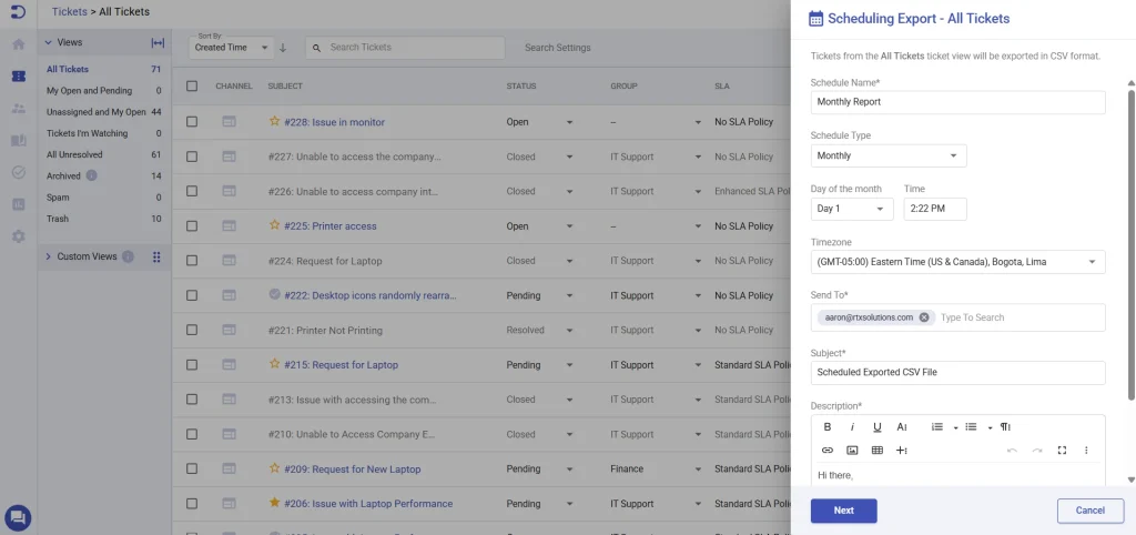 Scheduled Ticket Exports | Desk365